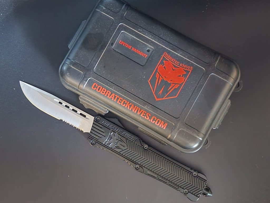 CobraTec OTF Knife Large Drop Point Serrated Satin D2 Black Aluminum ...