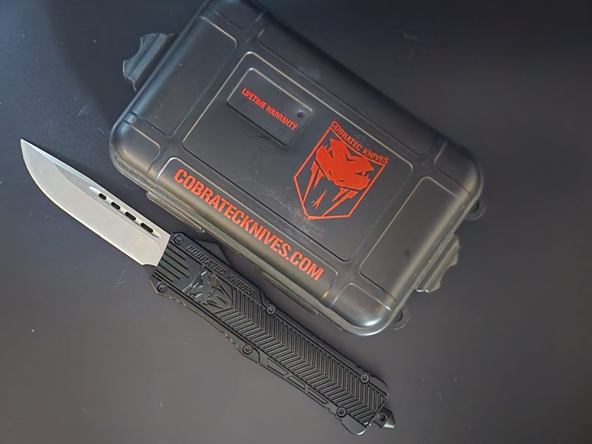 CobraTec OTF Knife Large Drop Point Satin D2 Black Aluminum - DNK Knives