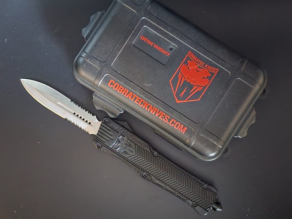 CobraTec OTF Knife Large 2 Sided Serrated Dagger Satin D2 Black ...