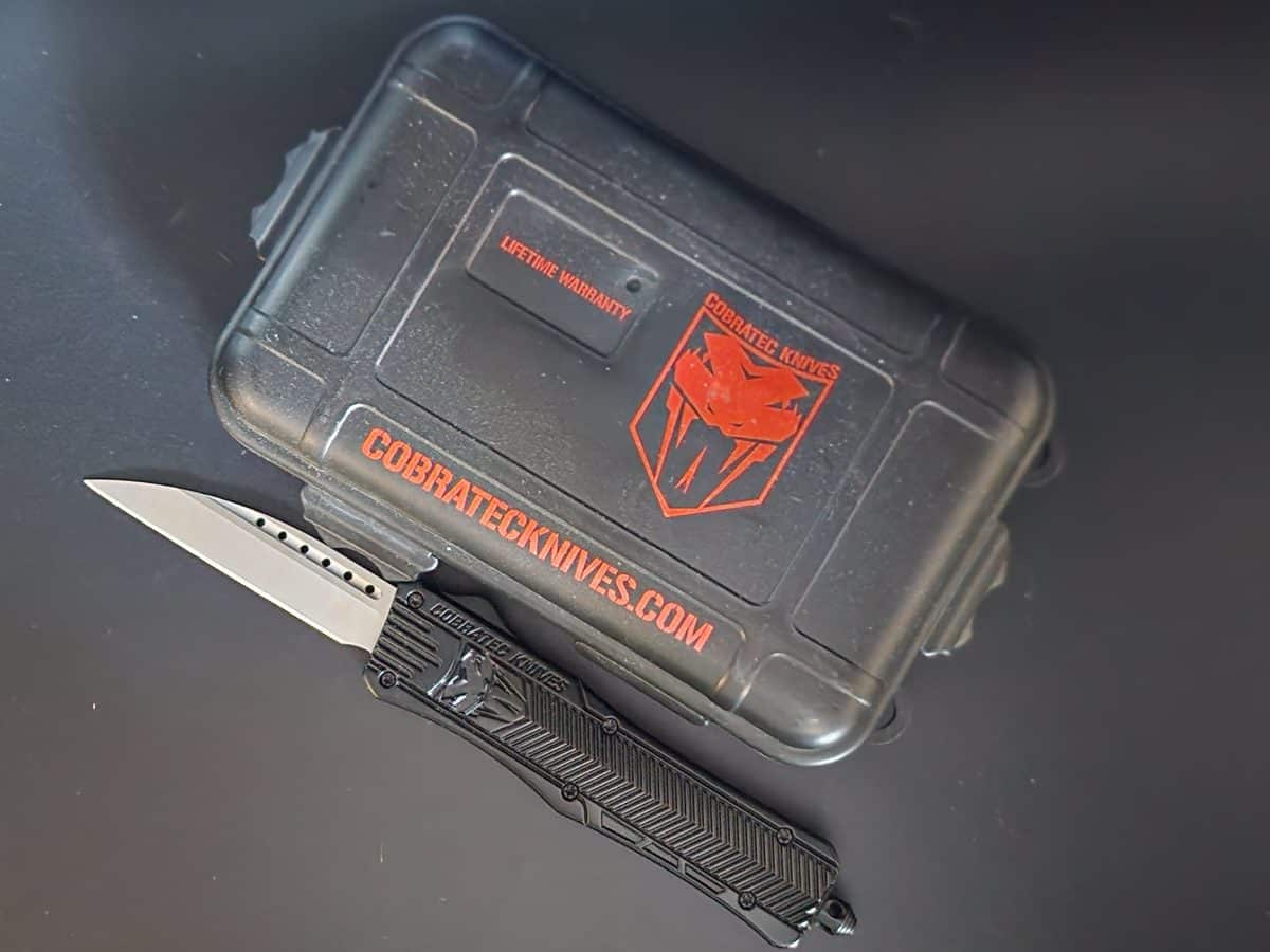 CobraTec OTF Knife Medium Wharncliffe Satin D2 Black Aluminum - DNK Knives