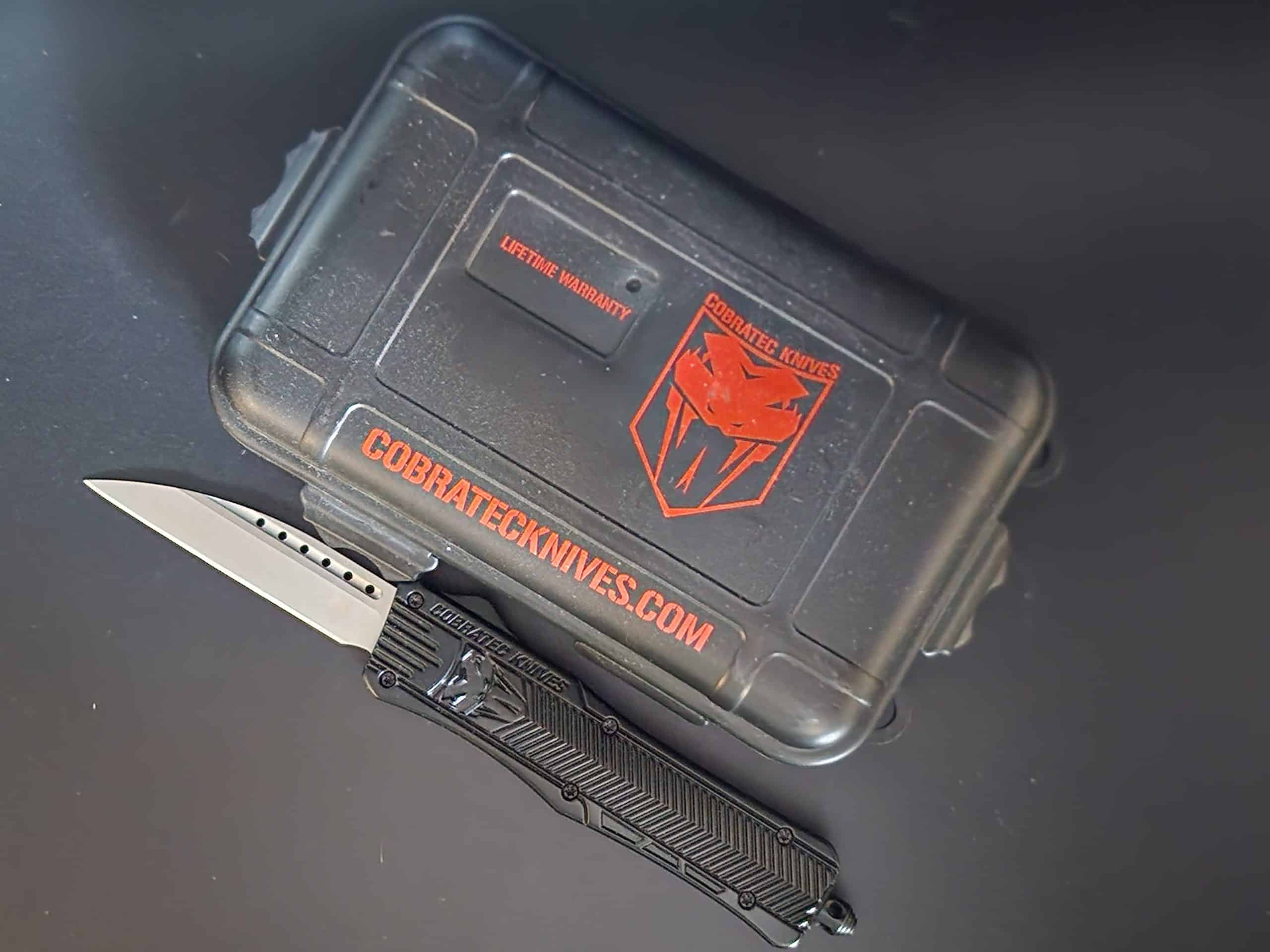 CobraTec OTF Knife Medium Wharncliffe Satin D2 Black Aluminum- DNK Knives