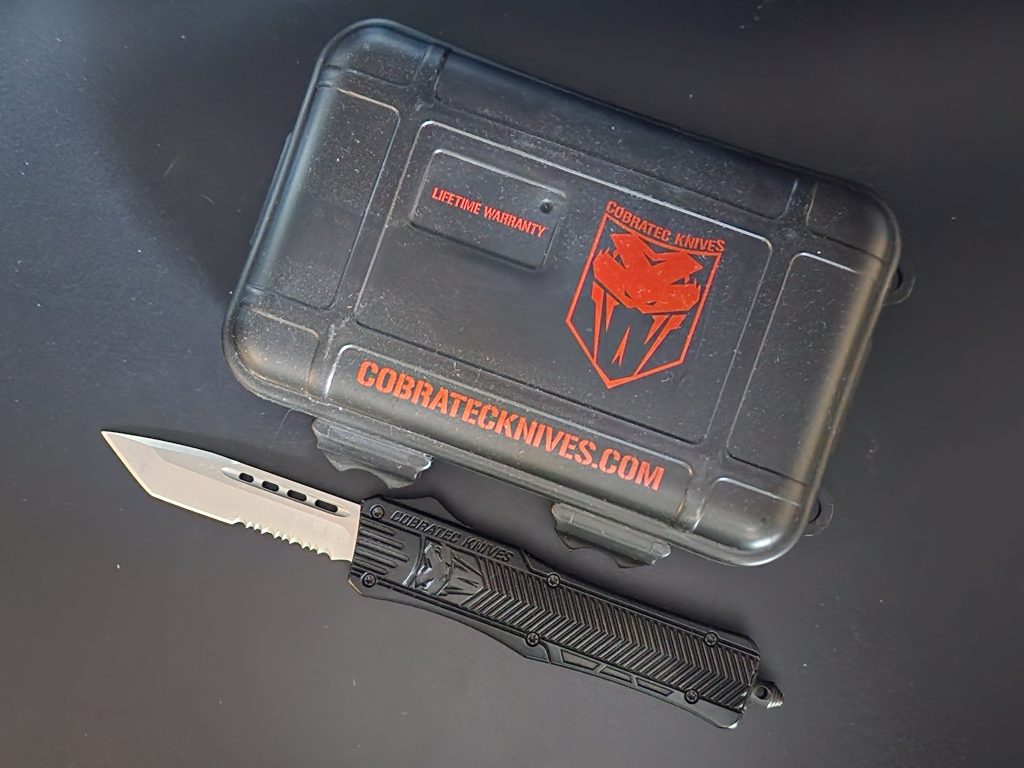 CobraTec OTF Knife Medium Tanto Serrated Satin D2 Black Aluminum - DNK ...