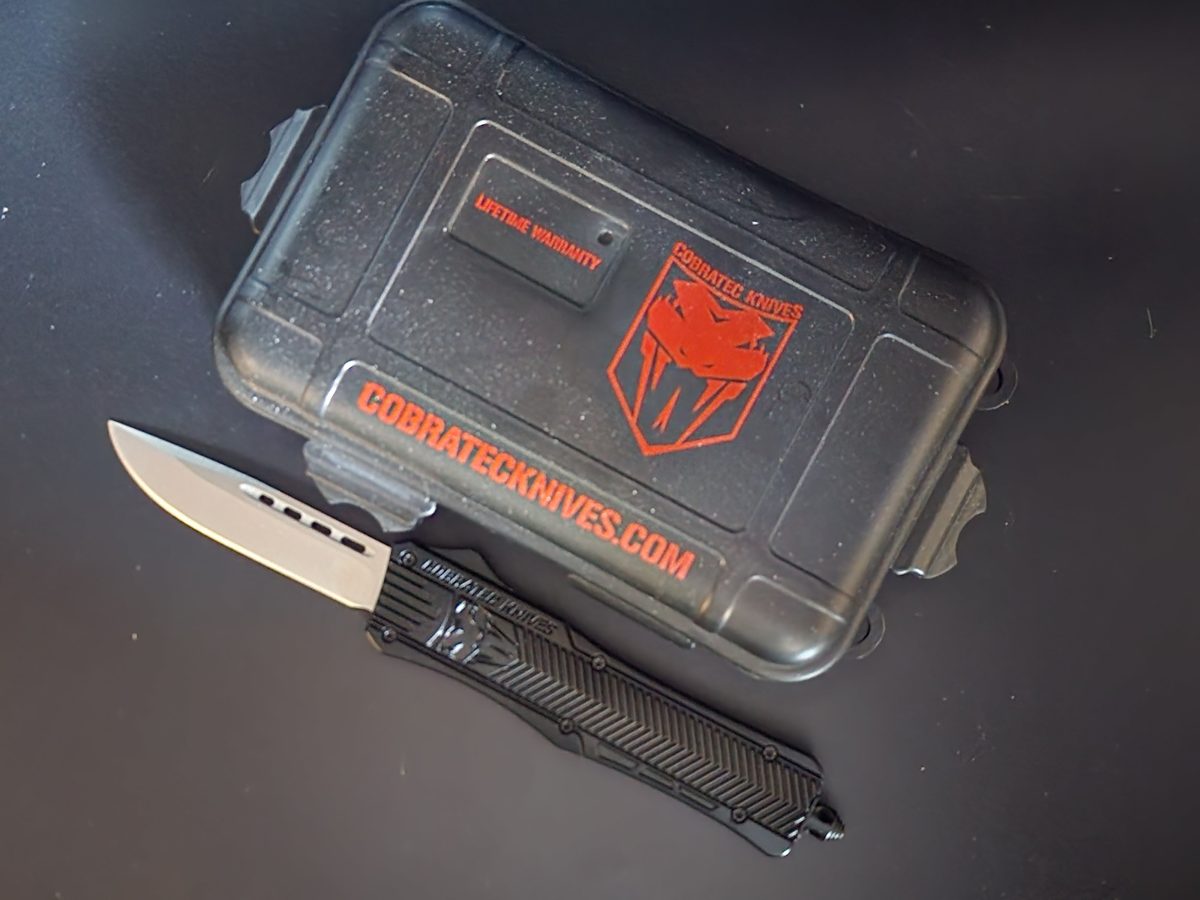 CobraTec OTF Knife Medium Drop Point Satin D2 Black Aluminum - DNK Knives