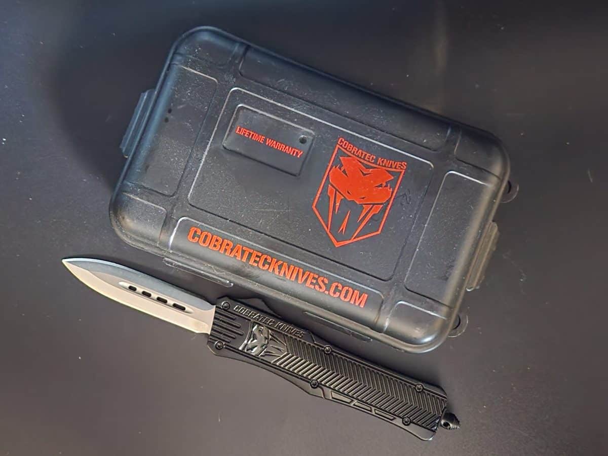 CobraTec OTF Knife Medium Dagger Satin D2 Black Aluminum - DNK Knives